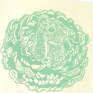 Rabbit Linocut Original Lino Print, Mint Bunny Illustration, Animal in ...