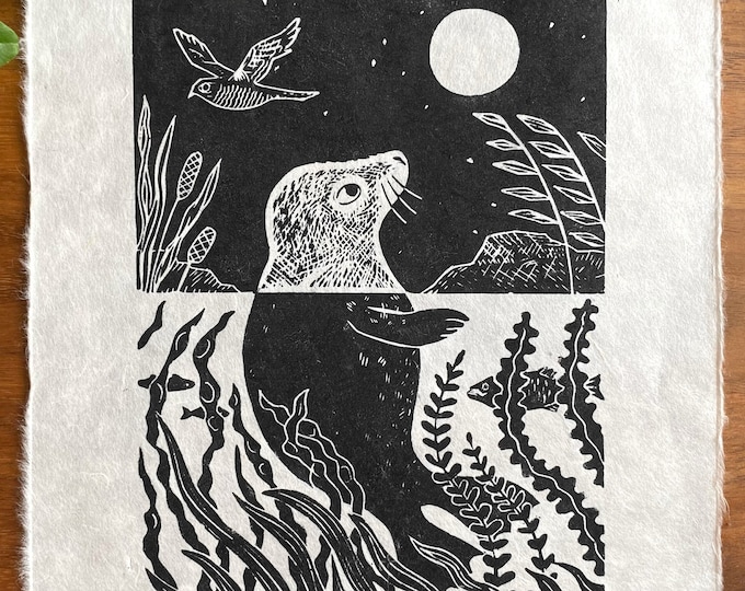 Seal and Full Moon Lino Print - Original Linocut Art, Wildlife Relief ...