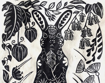 Rabbit Linocut Print - Etsy UK