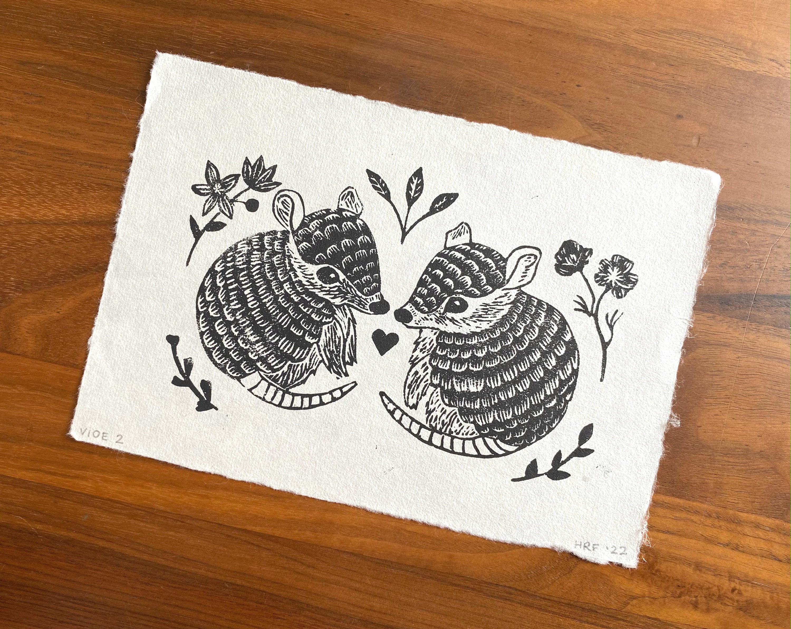 Armadillo lino print - cute linocut art, desert animal decor, romantic ...