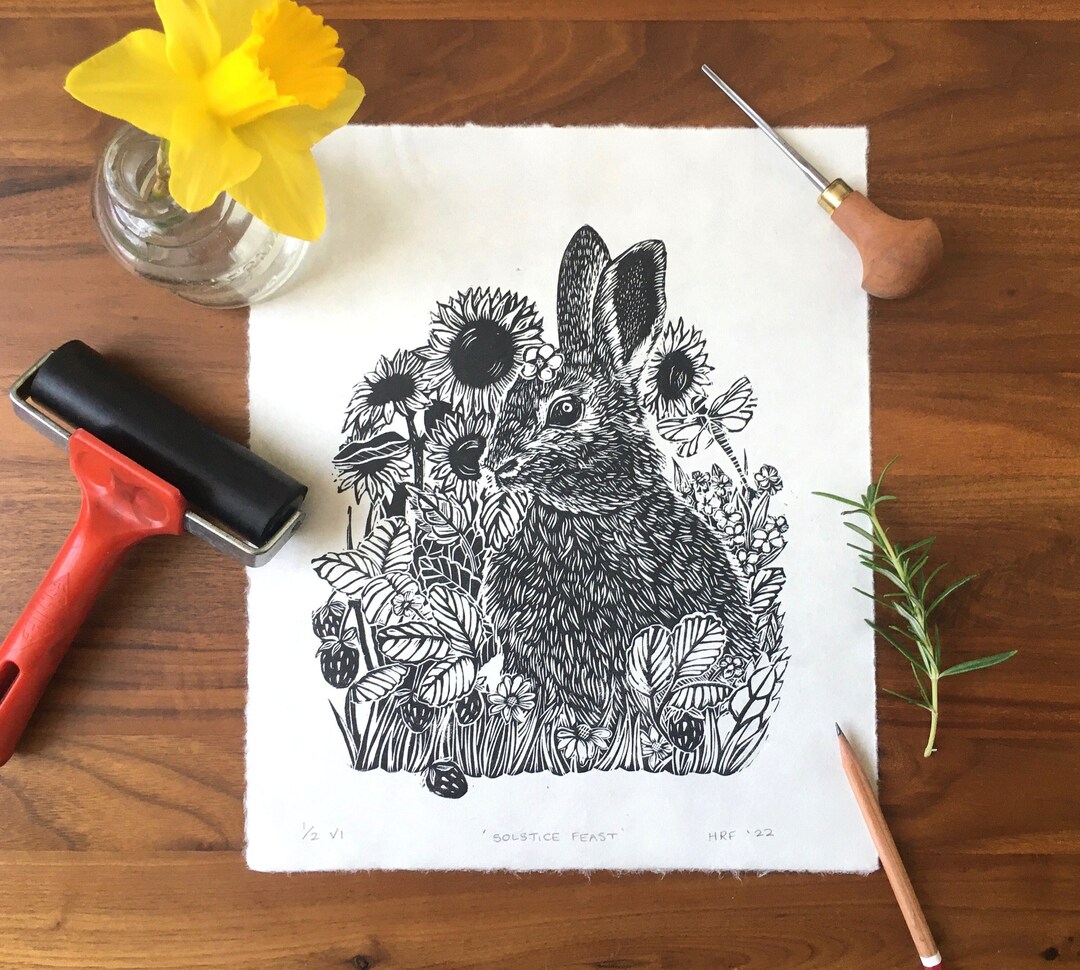 Rabbit Linocut - Bunny Lino Print, Original Animal Art, Black Relief ...