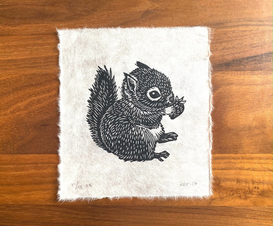 Squirrel With Strawberry Linocut Original Animal Lino Print, Cute Baby ...