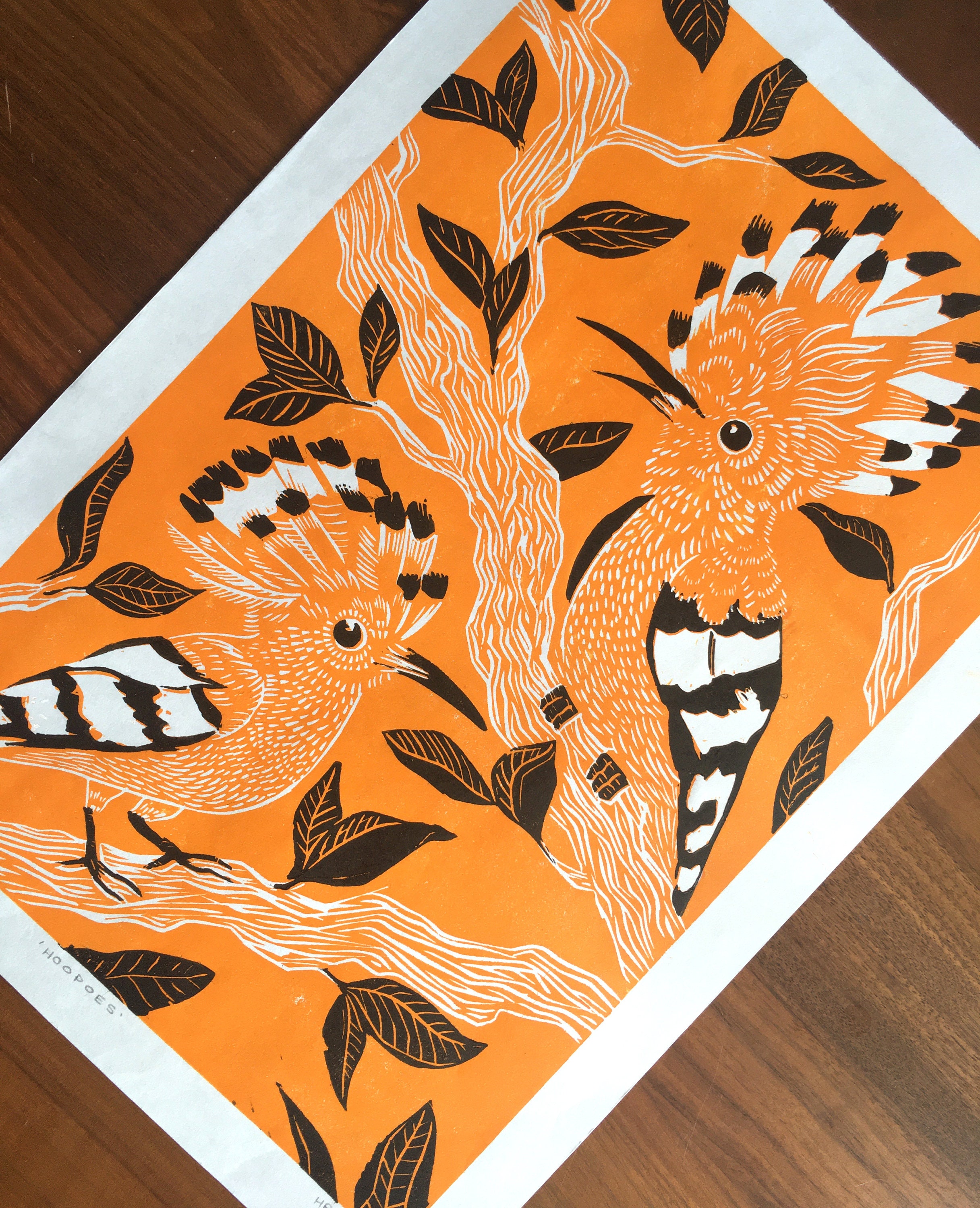 Hoopoes Linocut Print - original lino print bird art, orange and black ...