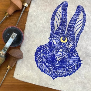 Blue and Gold Rabbit Linocut Bunny Lino Print, Original Nature Art ...