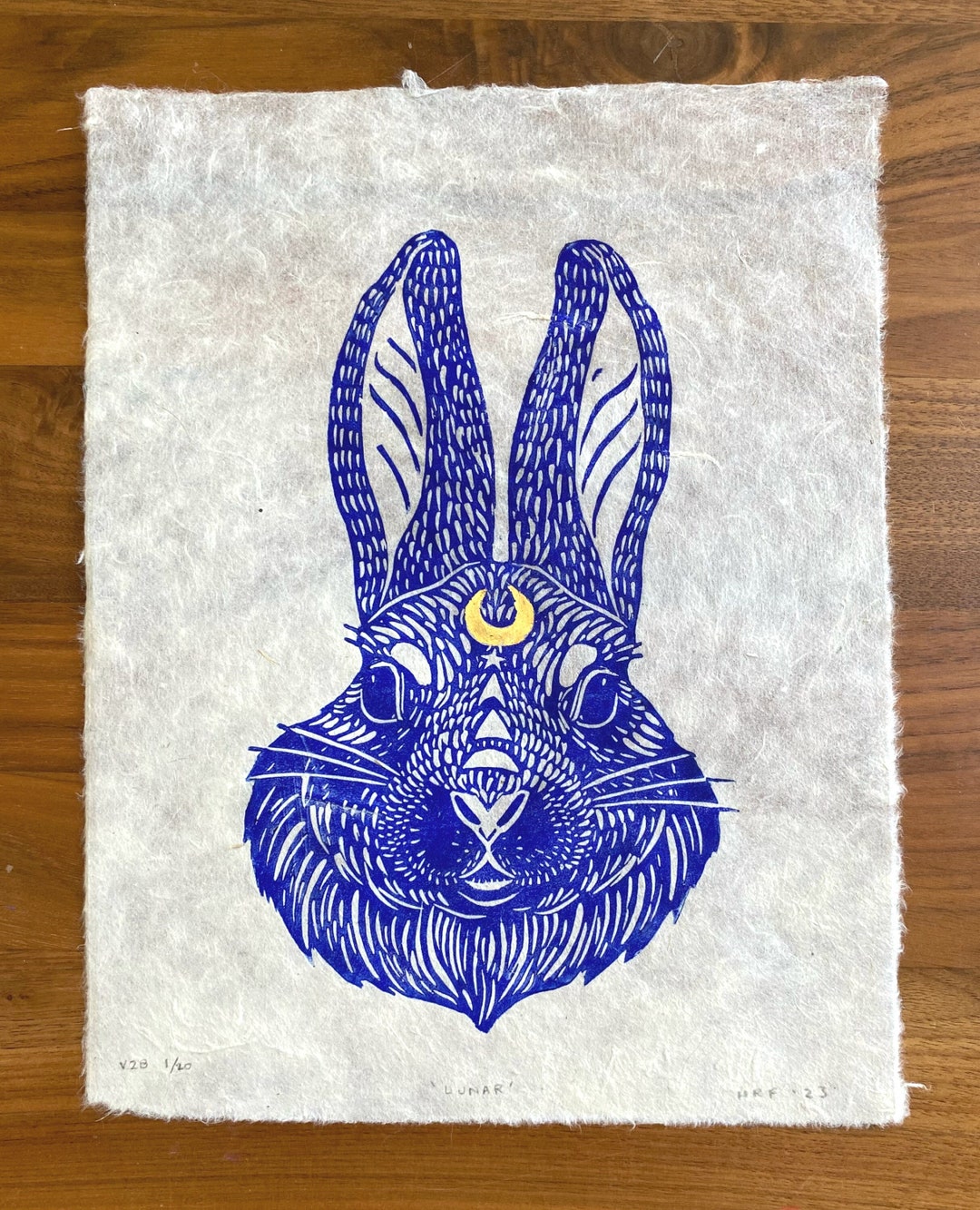 Blue and Gold Rabbit Linocut Bunny Lino Print Original - Etsy