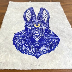 Blue and Gold Rabbit Linocut Bunny Lino Print, Original Nature Art ...