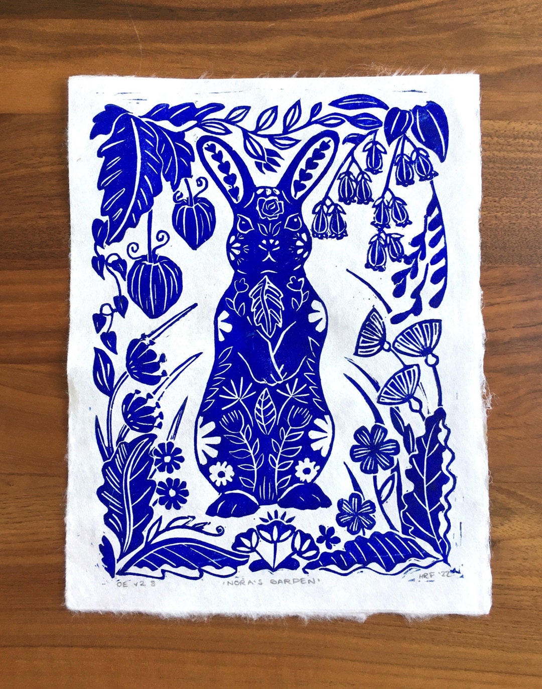 Rabbit Linocut - Original Lino Print, Blue and White China Illustration ...