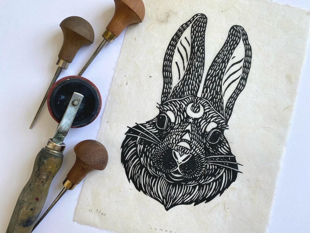 Rabbit Lino Print Original Linocut Art, Wildlife Block Print, Animal ...