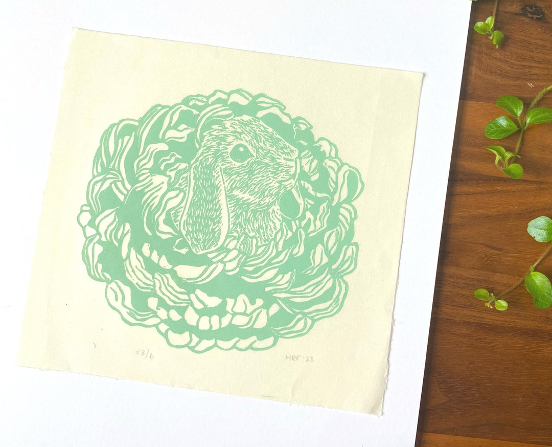 Rabbit Linocut Original Lino Print Mint Bunny Illustration - Etsy