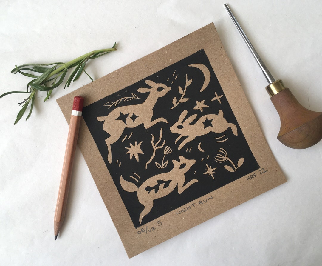British Mammals Lino Print Original Linocut Art, Deer Fox and Rabbit ...