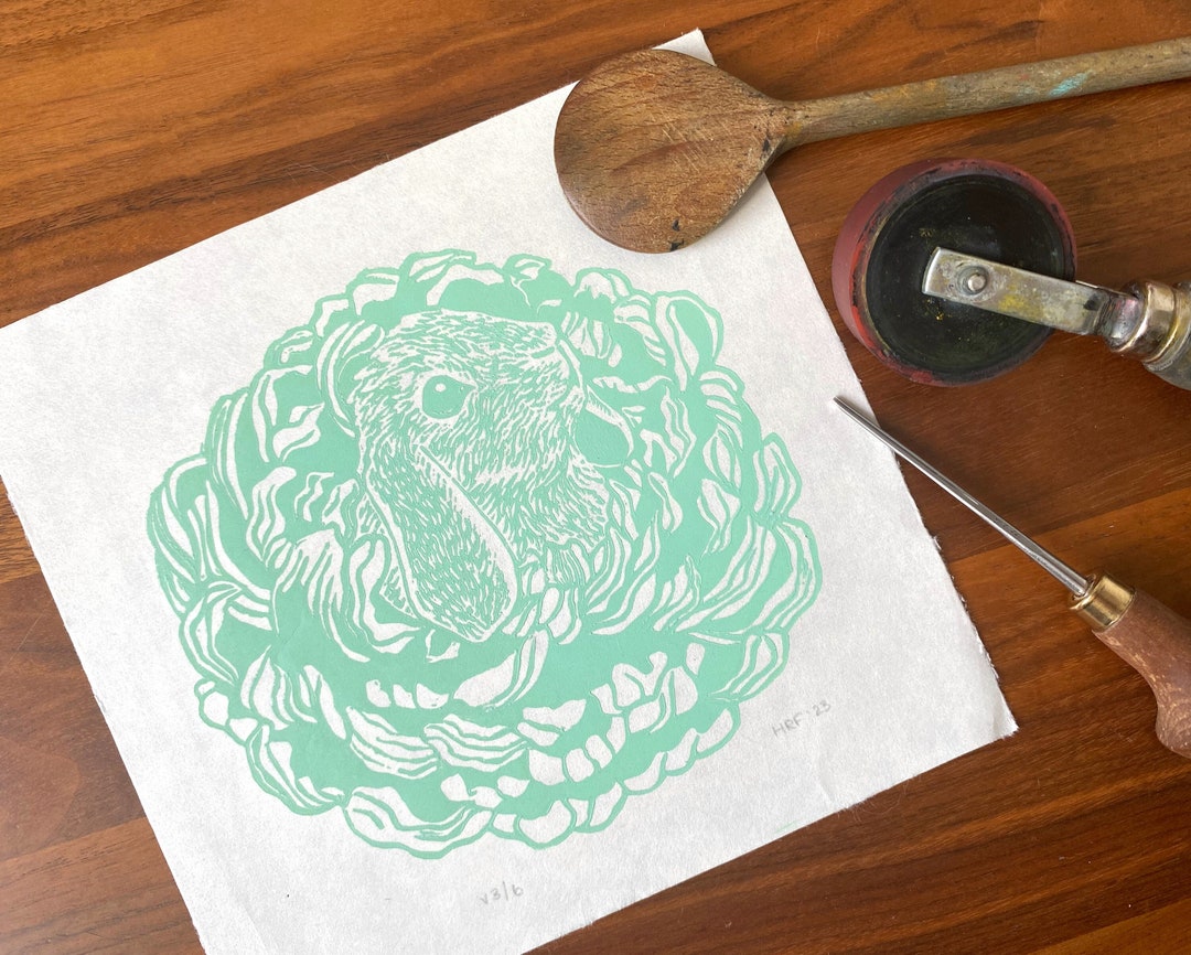 Rabbit Linocut Original Lino Print, Mint Bunny Illustration, Animal in ...