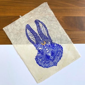 Blue and Gold Rabbit Linocut Bunny Lino Print, Original Nature Art ...