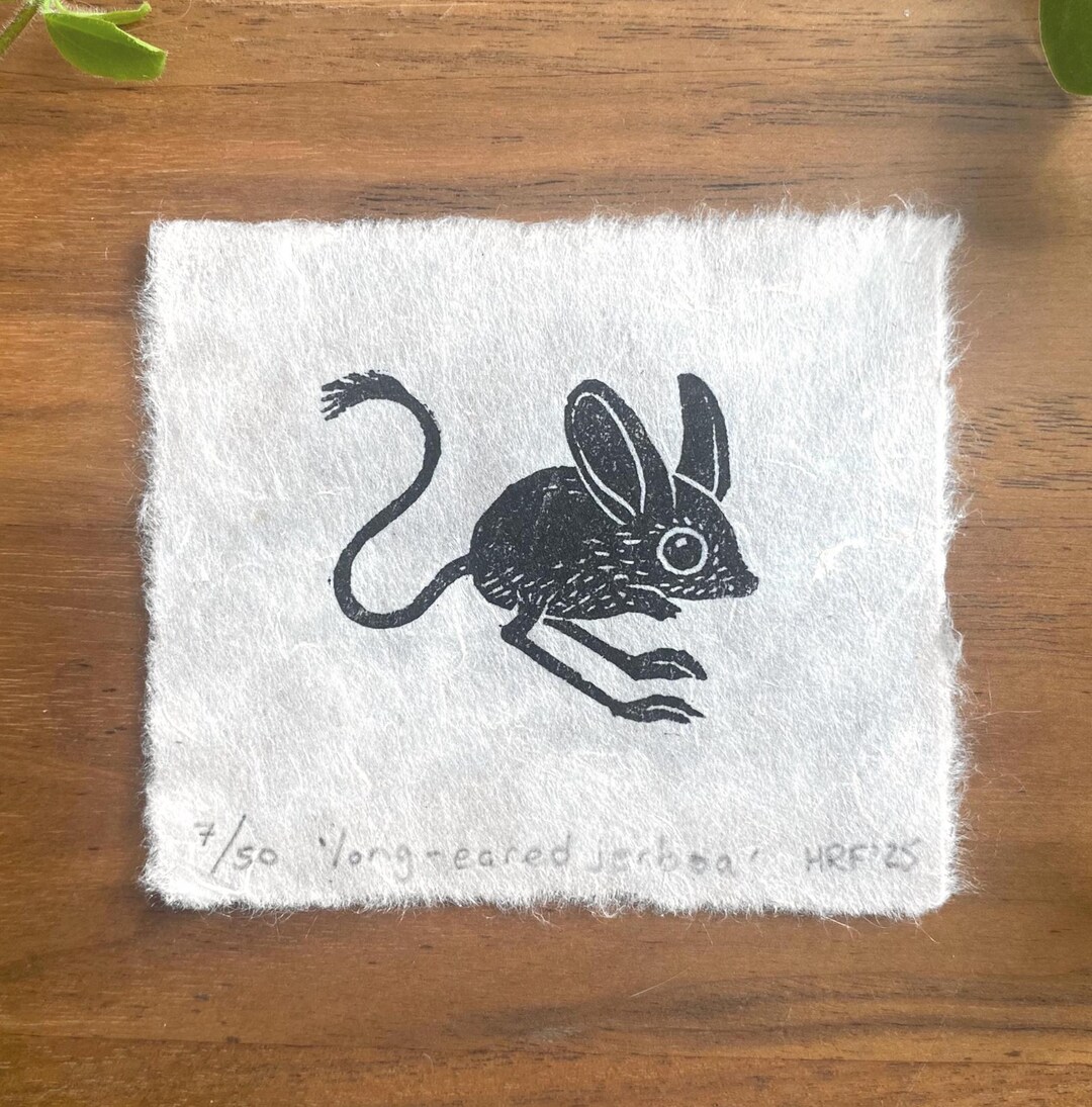 Jerboa Mini Linocut - Long-eared Jerboa Lino Print, Original Animal Art ...