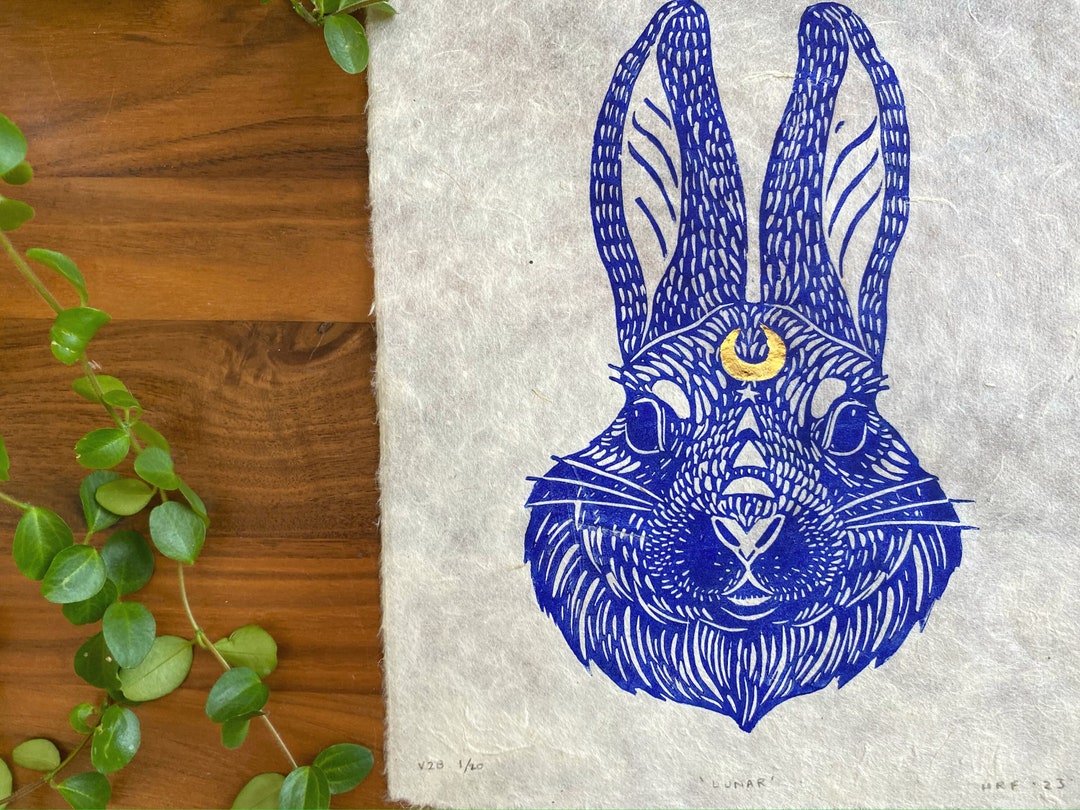 Blue and Gold Rabbit Linocut Bunny Lino Print, Original Nature Art ...