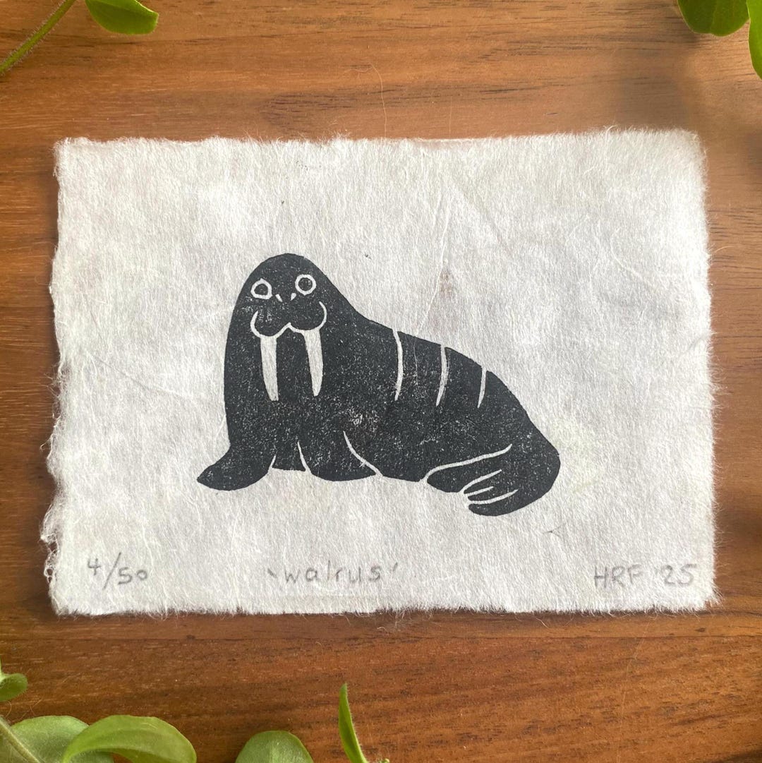 Walrus Mini Linocut - Marine Animal Lino Print, Original Mammal Art ...