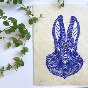 Blue and Gold Rabbit Linocut Bunny Lino Print, Original Nature Art ...