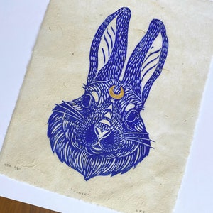 Blue and Gold Rabbit Linocut Bunny Lino Print, Original Nature Art ...