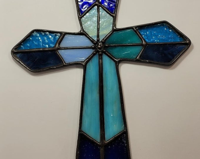 Stained Glass Cross Blue and Teal Textured Glass Combo 7 X 10 Religion ...