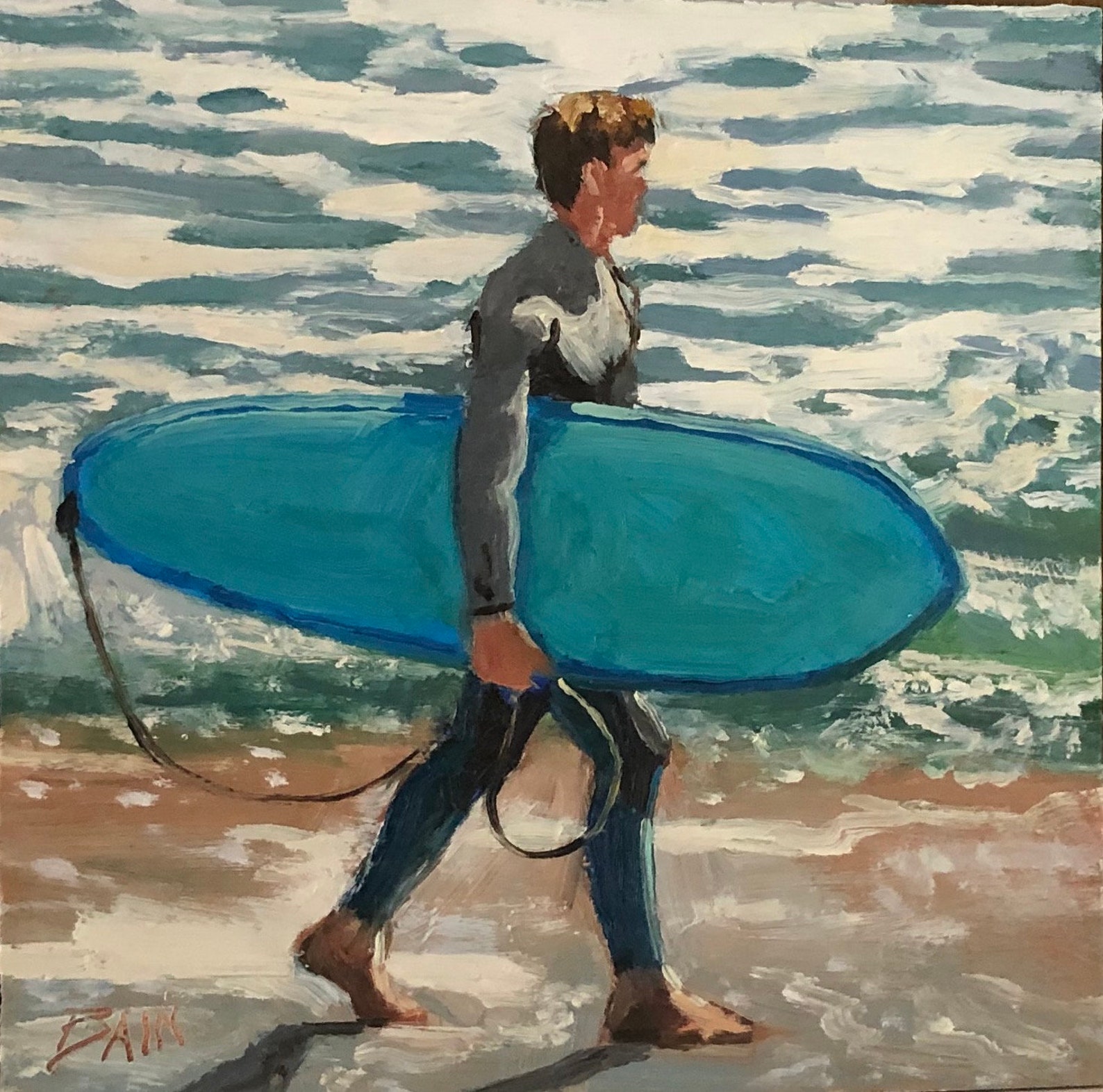 Framed Oil Painting of Surfer Boy With Surfboard, Small (6x6 ...