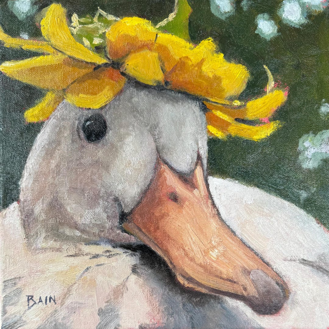 Original Oil Painting of Duck Wearing a Flower Hat, Signed Unframed Art ...