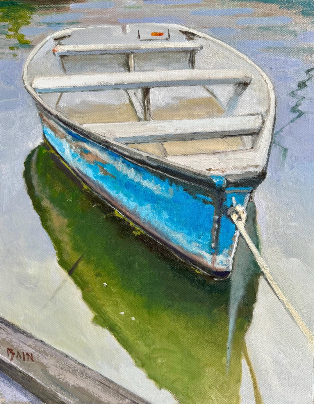 Original Oil Painting of Blue Dory Rowboat Ocean Sea Water Reflections ...