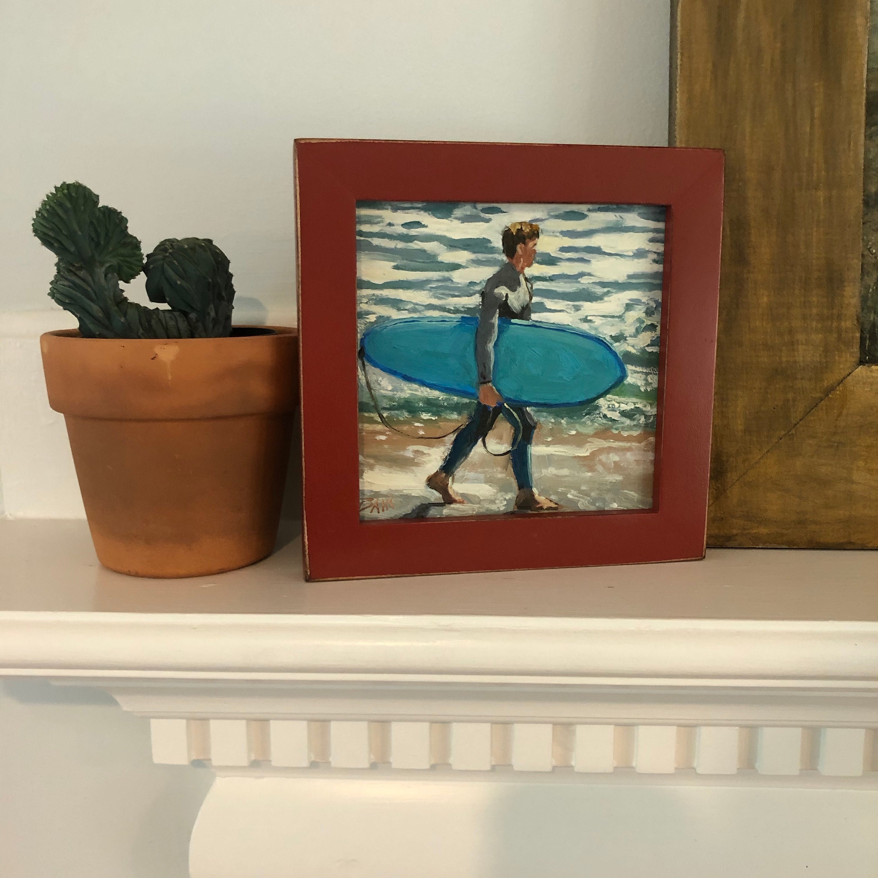 Framed Oil Painting of Surfer Boy With Surfboard, Small (6x6 ...