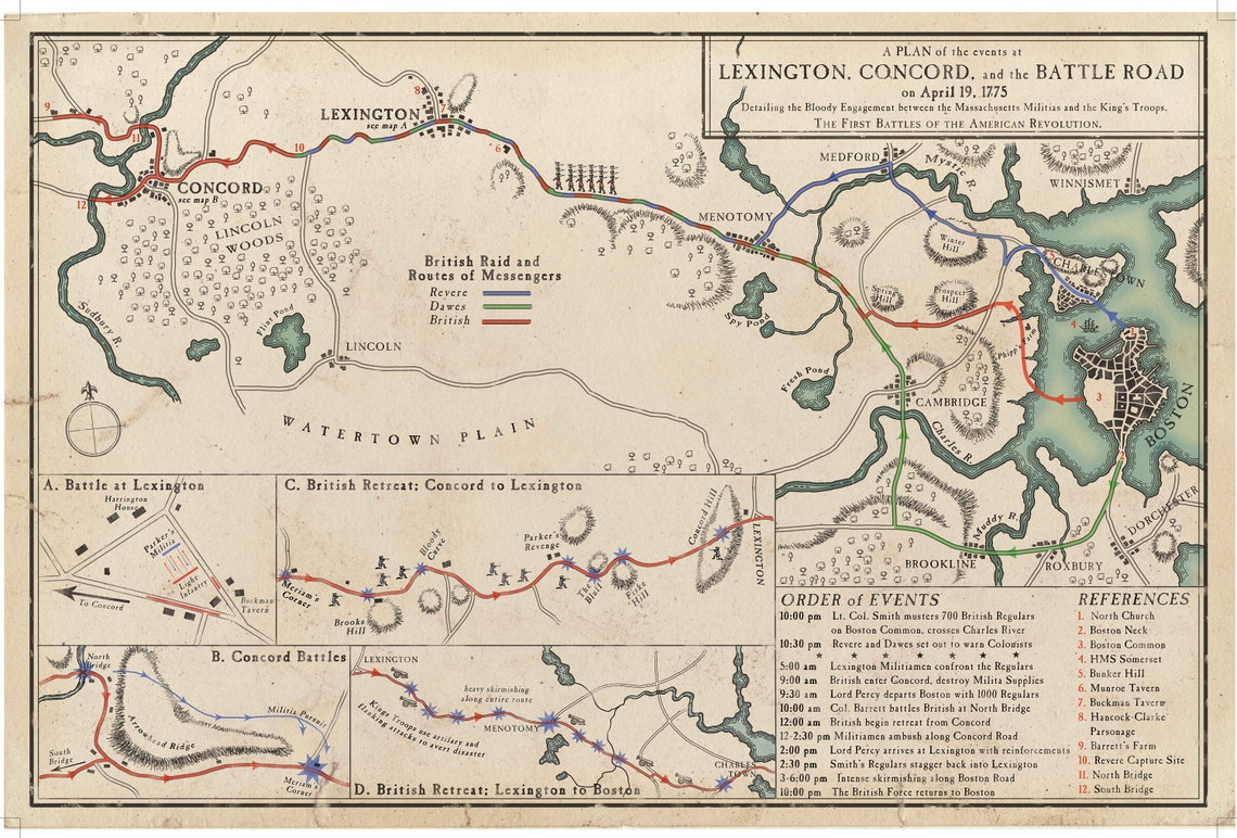 Colonial History Map; Lexington, Concord, and the Battle Road, 250th ...