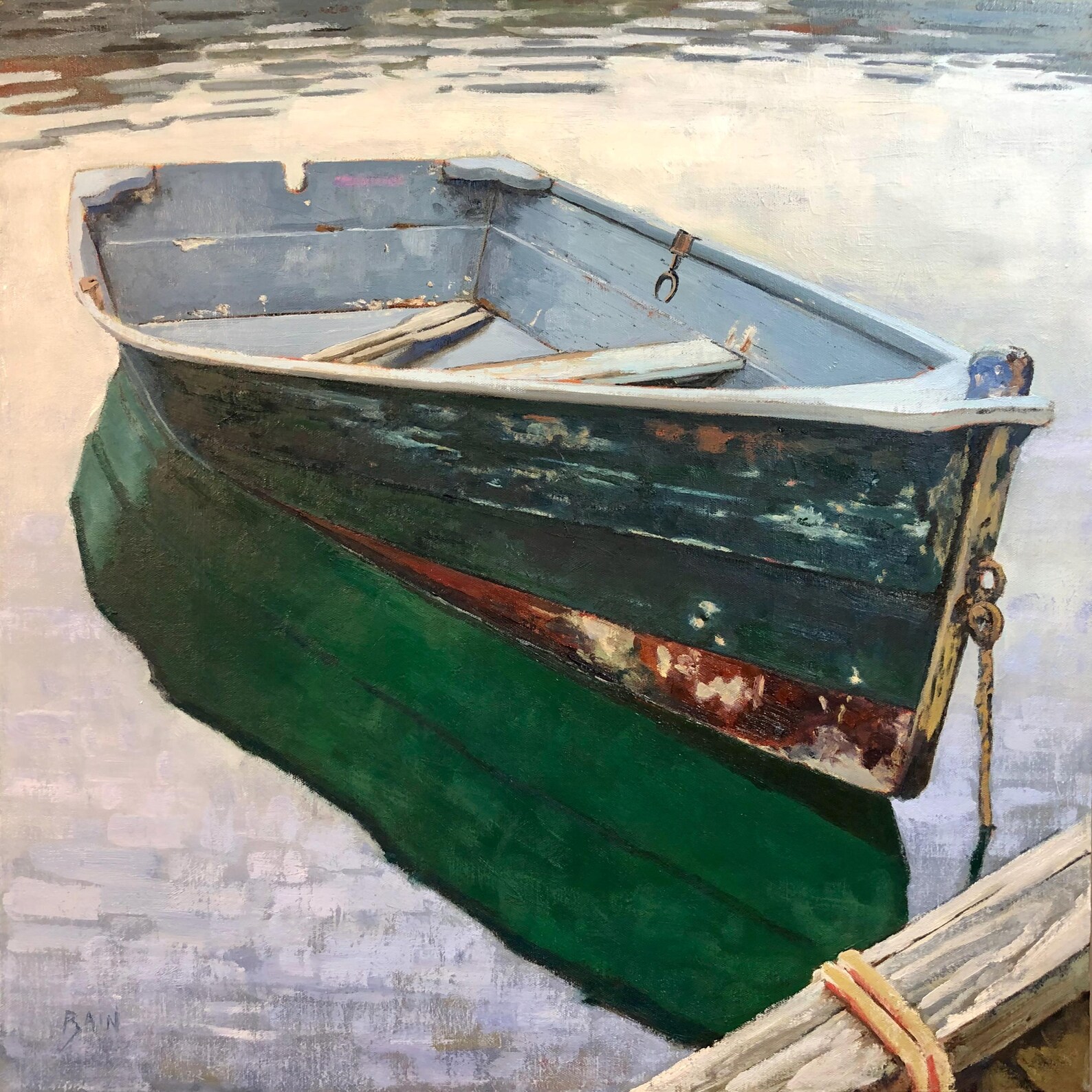 Giclee Print on Stretched Canvas of Oil Painting of Green Rowboat. Many ...