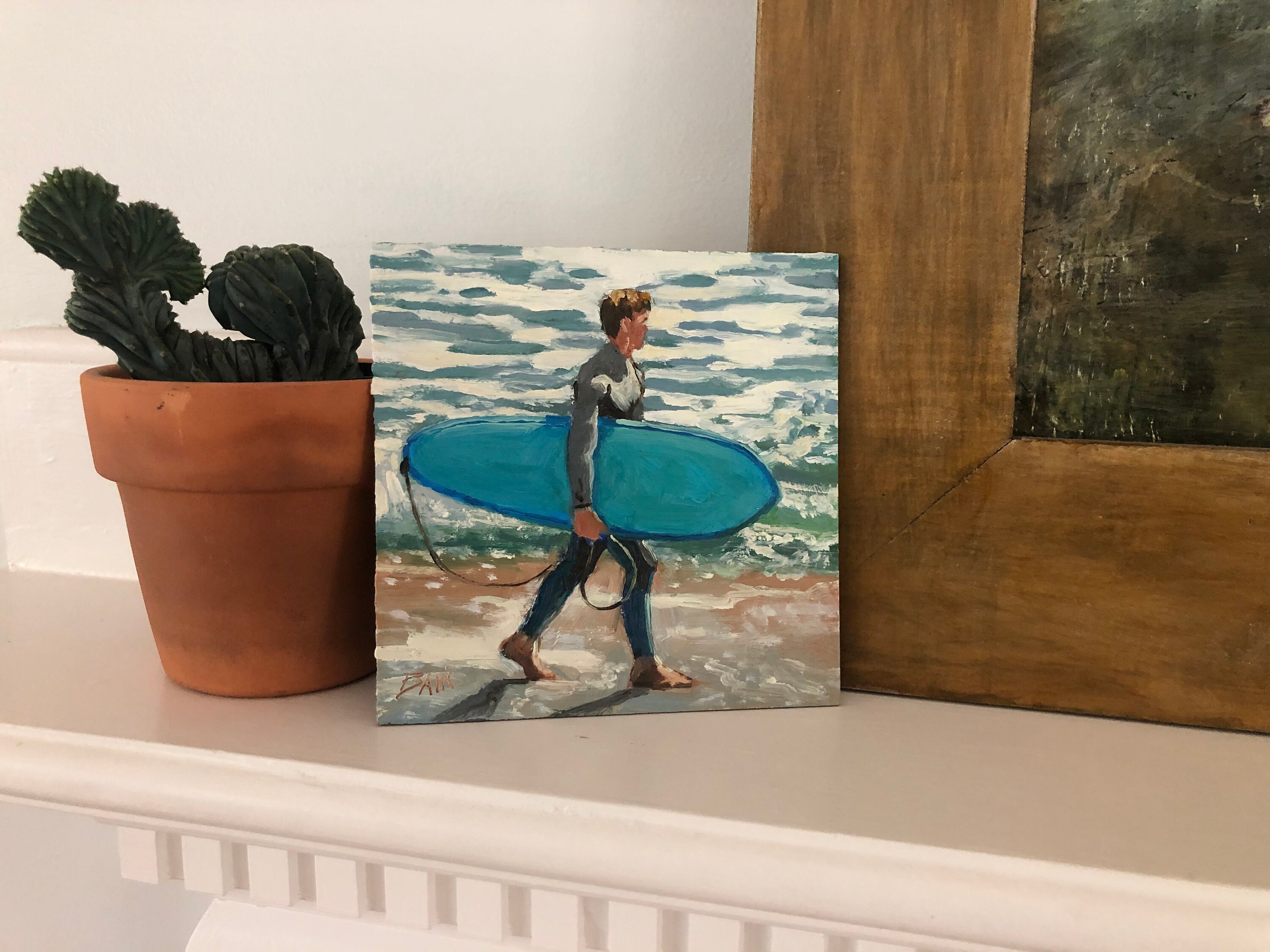 Framed Oil Painting of Surfer Boy With Surfboard, Small (6x6 ...