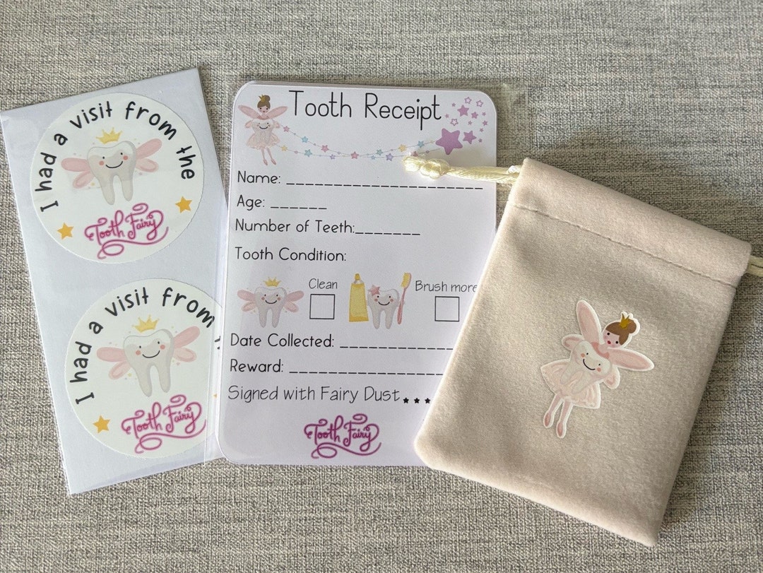 Tooth Fairy Bundle, 6 X Receipts, 6 X Stickers and Tooth Fairy Bag ...