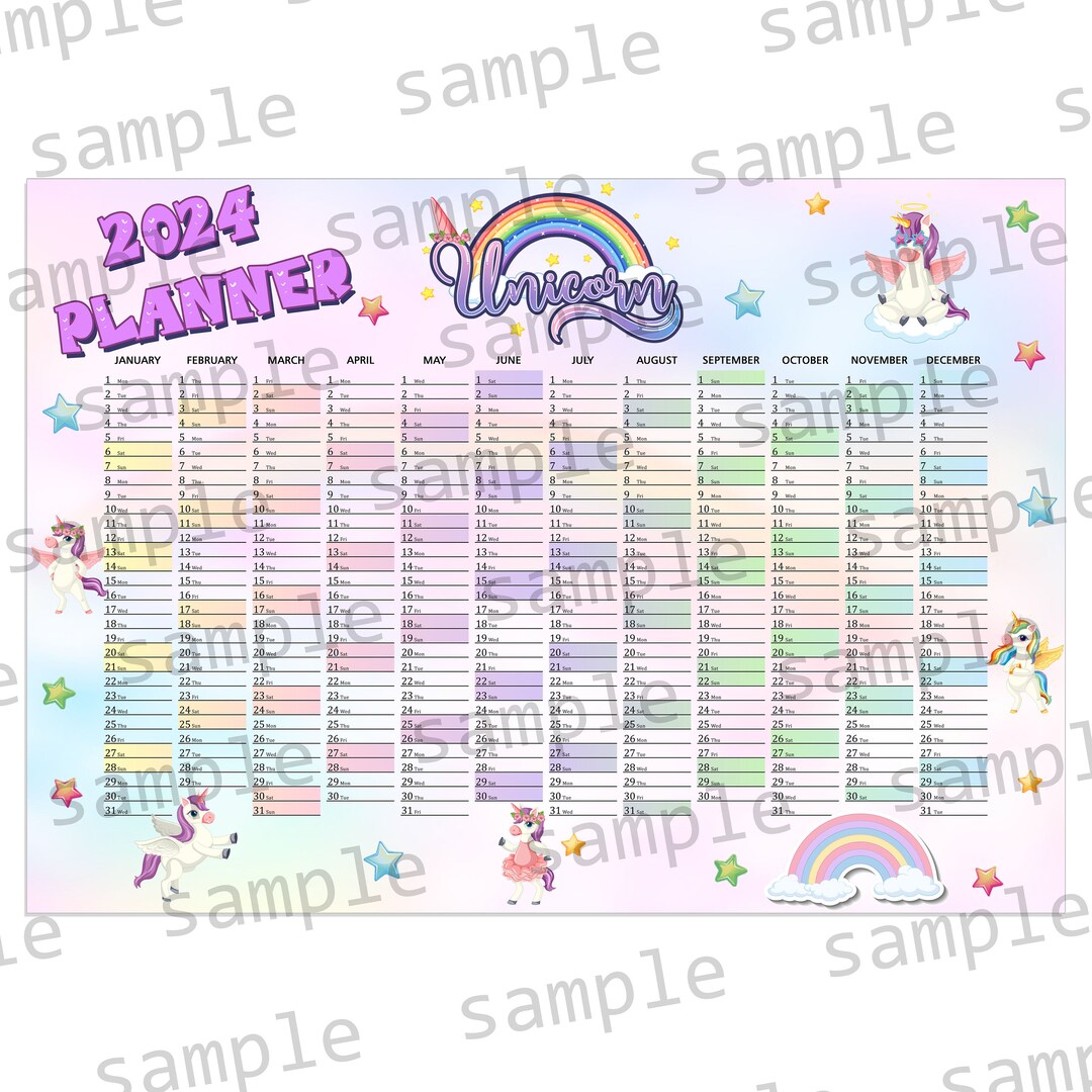 2024 Kids Unicorn Wall Planner Colourful Calendar, Organiser, Year ...
