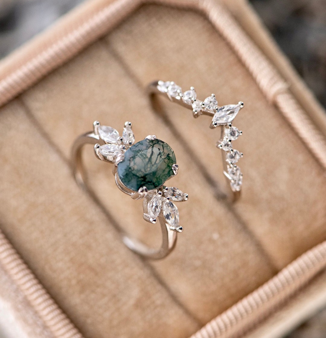 Silver Engagement Ring, Vintage Ring Set, Moss Agate Gemstone Art Deco Ring Delicate Statement ...