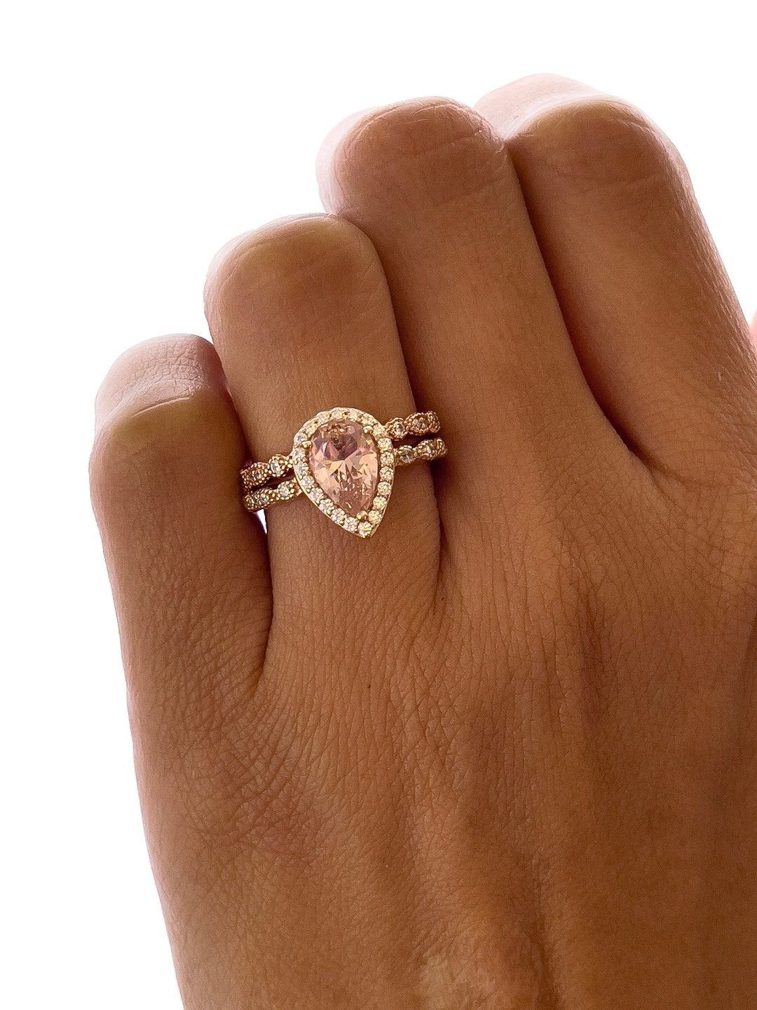 Rose Gold Promise Ring Set, Bridal Morganite Wedding Ring Eternity Band ...