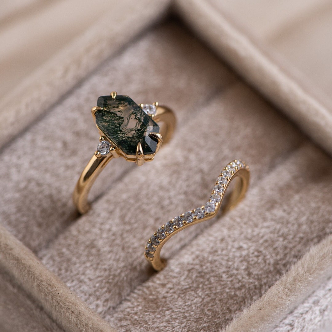 Bague verte Art déco, ensemble de bagues en agate mousse, bague de ...