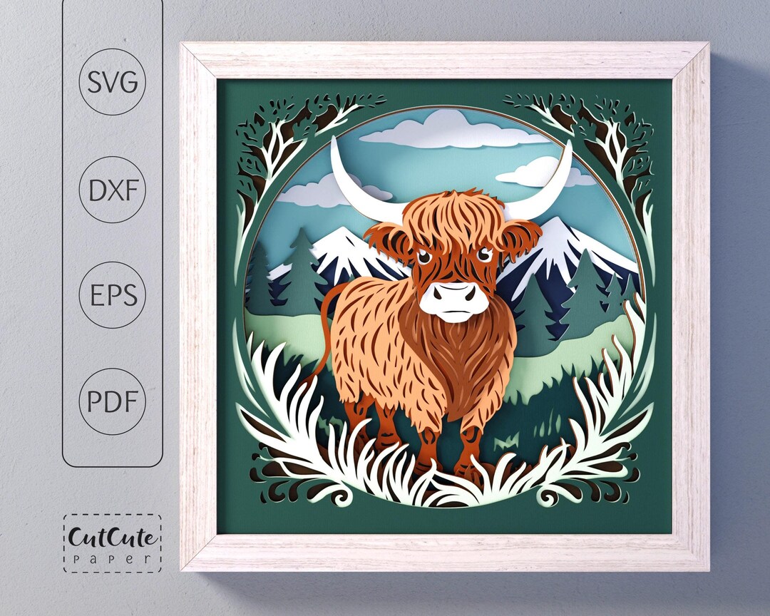 Highland Cow Shadow Box SVG: Layered Farm Animal Wall Art (digital ...