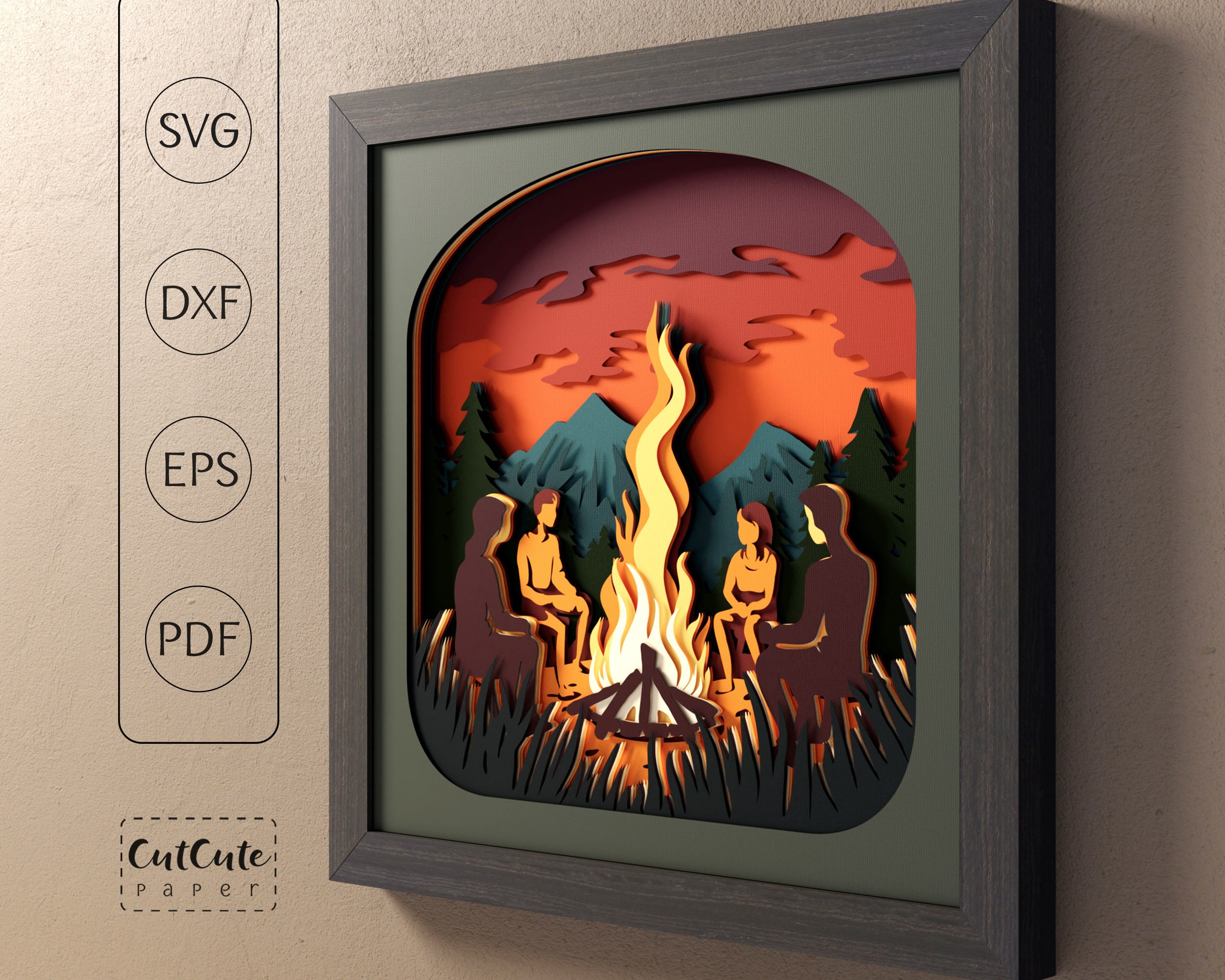 Campfire Shadow Box SVG: Mountain Scene, 3D Layered Papercut (digital ...