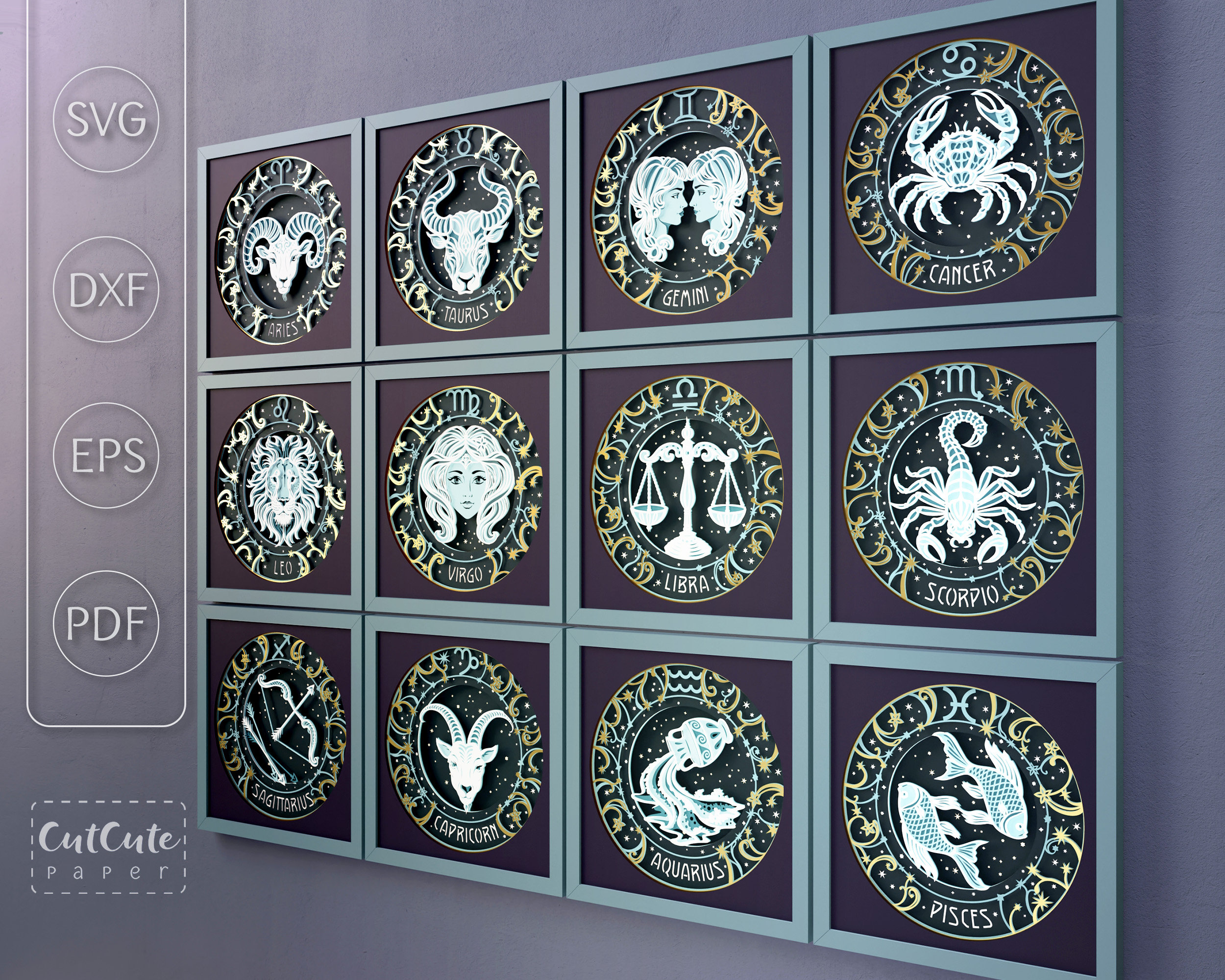 Zodiac Signs SVG Shadow Box Templates: 3D Celestial Cut Files (all 12 ...