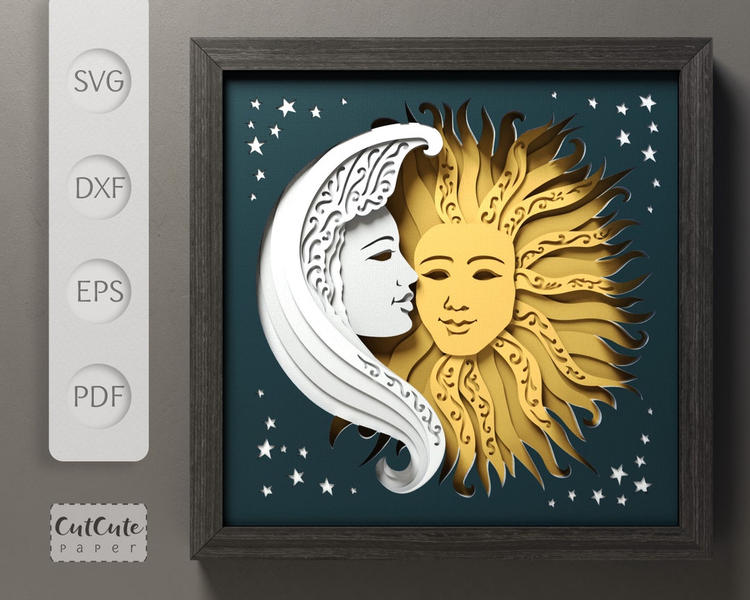 Sun and Moon SVG Shadow Box Template, Venetian Mask Celestial 3D ...