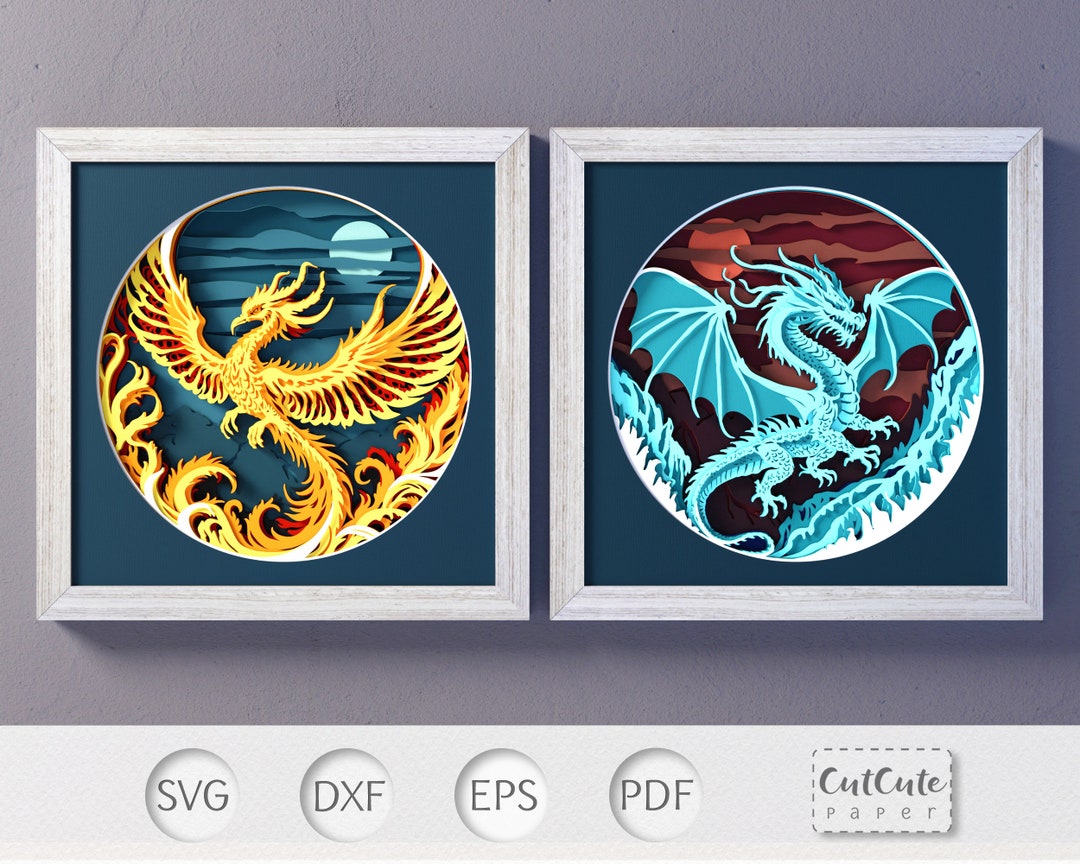 Phoenix and Dragon SVG Shadow Box Set, Templates Bundle, 3D SVG Shadow ...