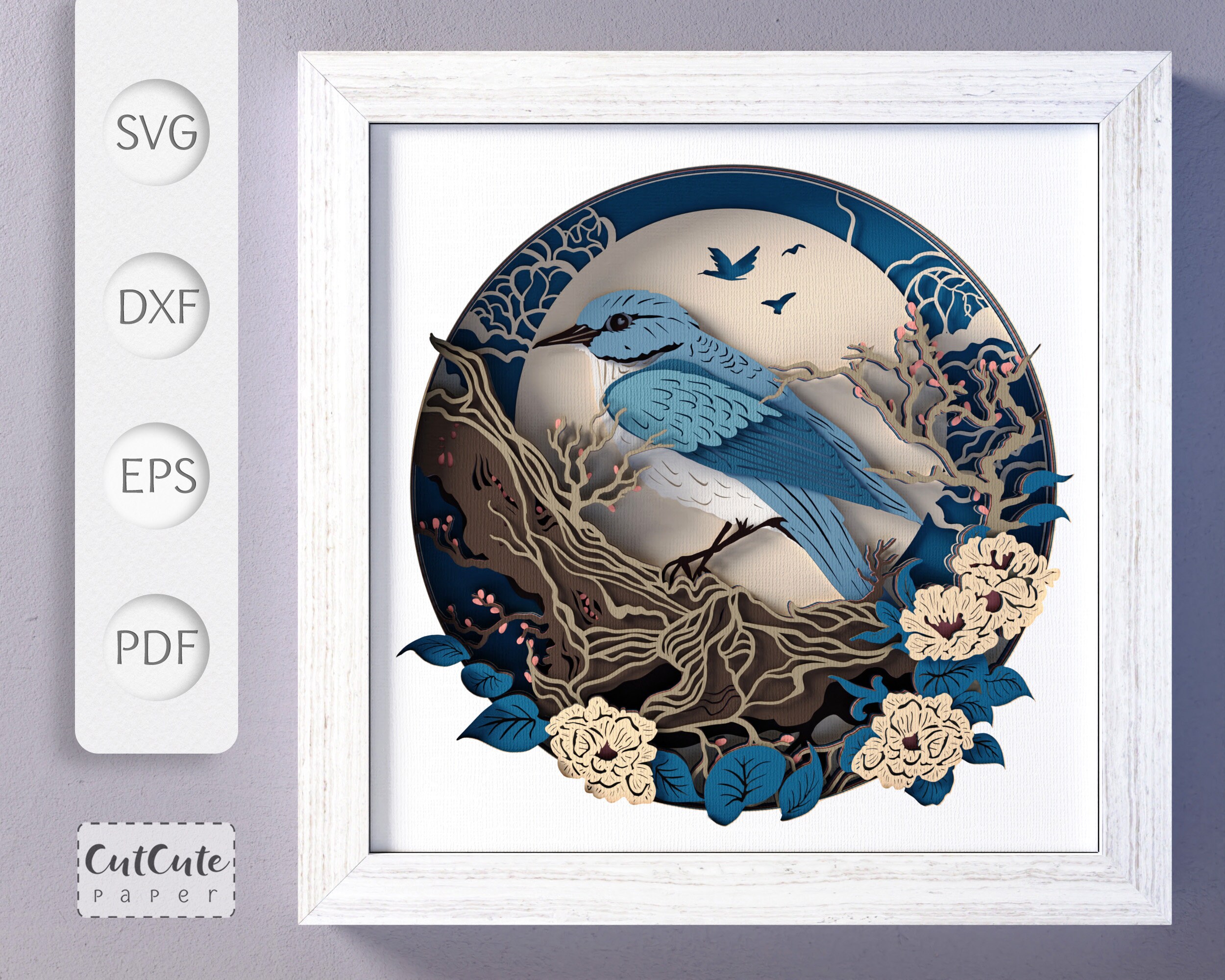 Bird SVG Shadow Box Template Flowers Birds and Moon 3D SVG - Etsy Canada