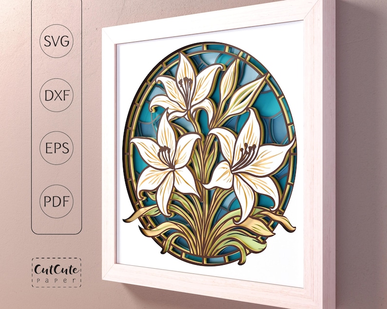 Lilies SVG Shadow Box Template, Art Nouveau Floral Bouquet (pdf, Svg ...