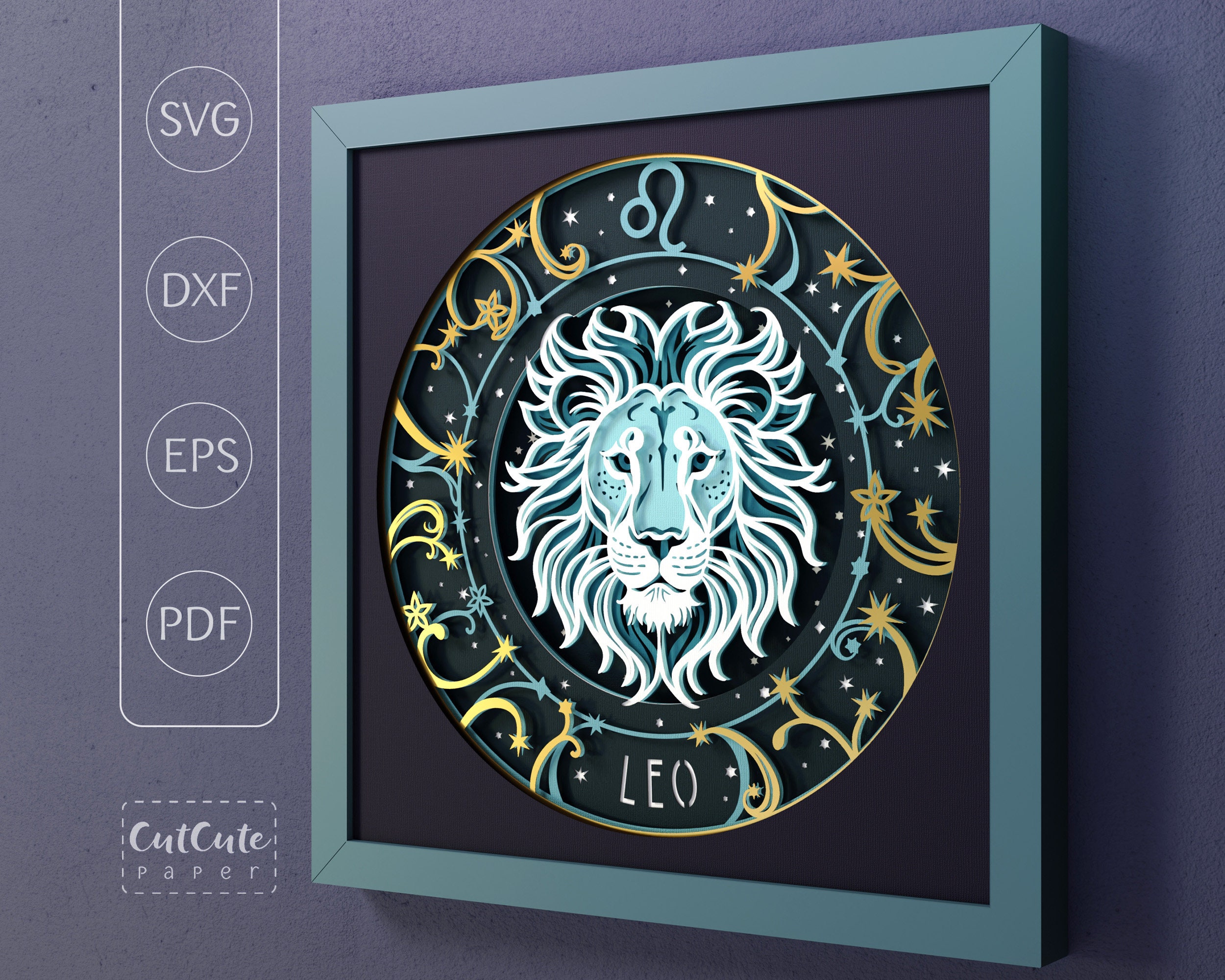 Leo Zodiac Sign Shadow Box Template: Celestial Lion SVG (digital ...