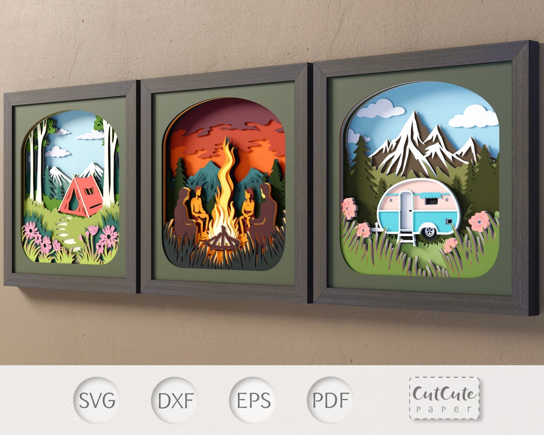 Camping Shadow Box Bundle, 3D SVG Shadow Box 3 Templates, DIY Cabin ...