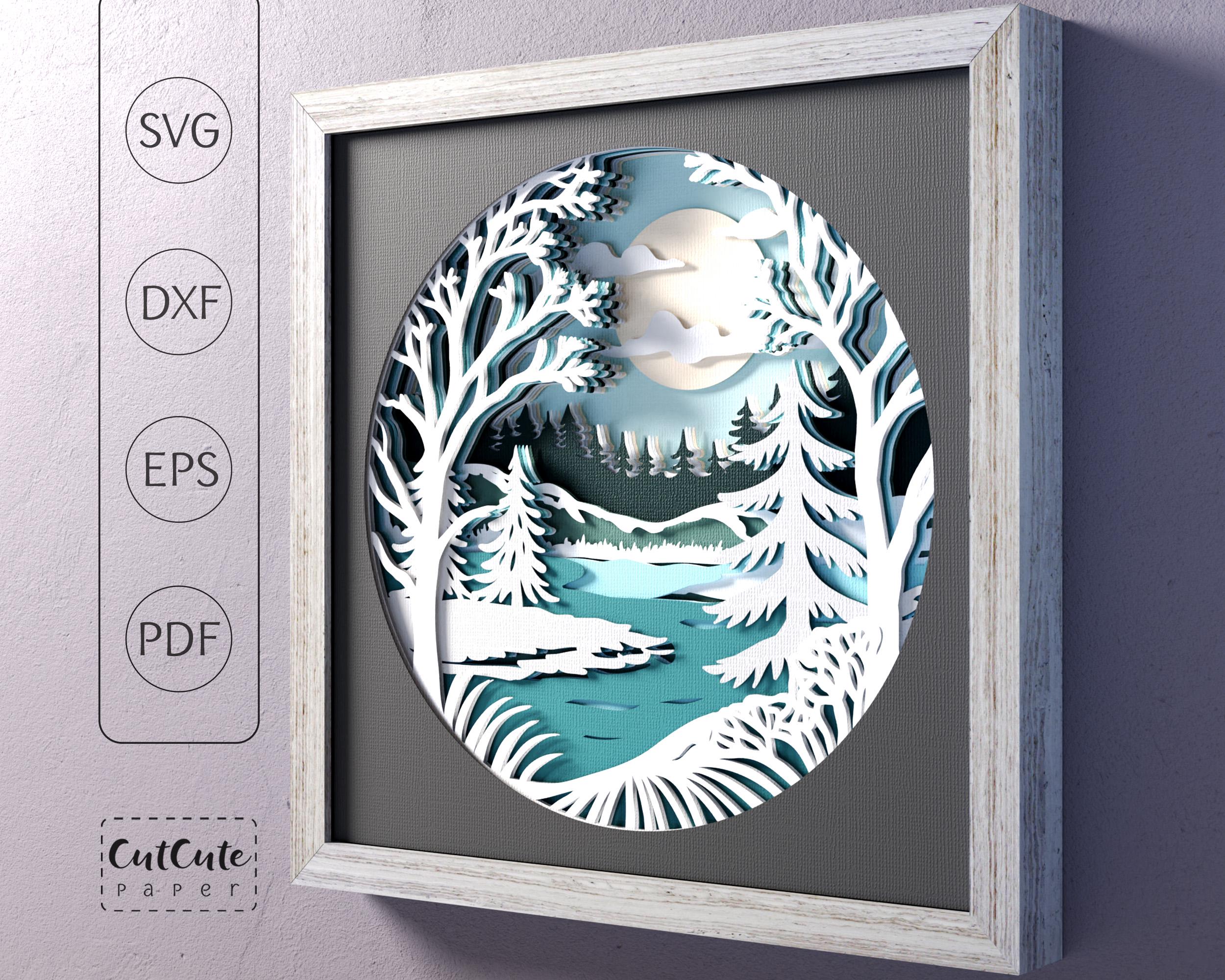 3D Winter Landscape Shadow Box SVG Template: DIY Layered Papercut ...