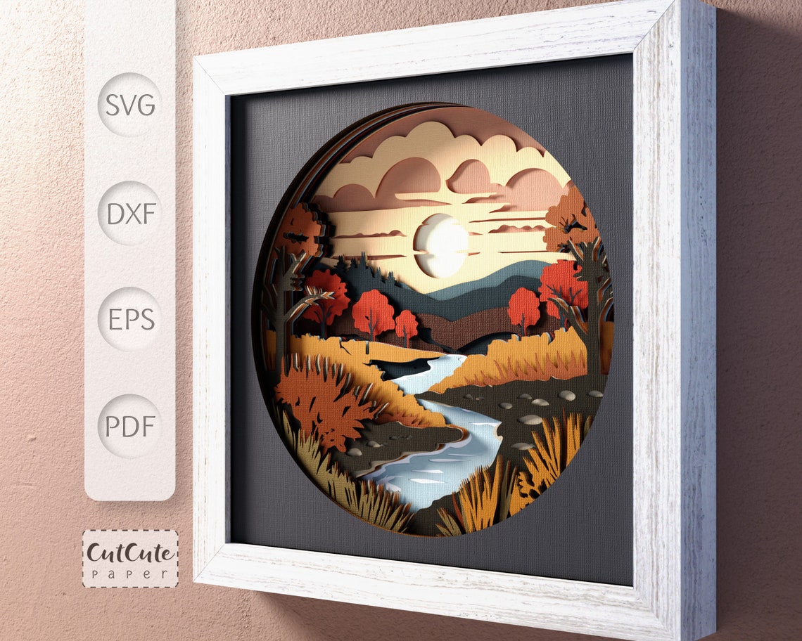 3D Autumn Valley Shadow Box SVG: Layered Fall Landscape (digital ...