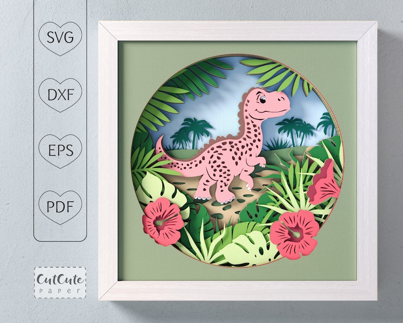 Dino Shadow Box SVG Template: Layered Paper Cut Nursery Art (9x9 Inch ...