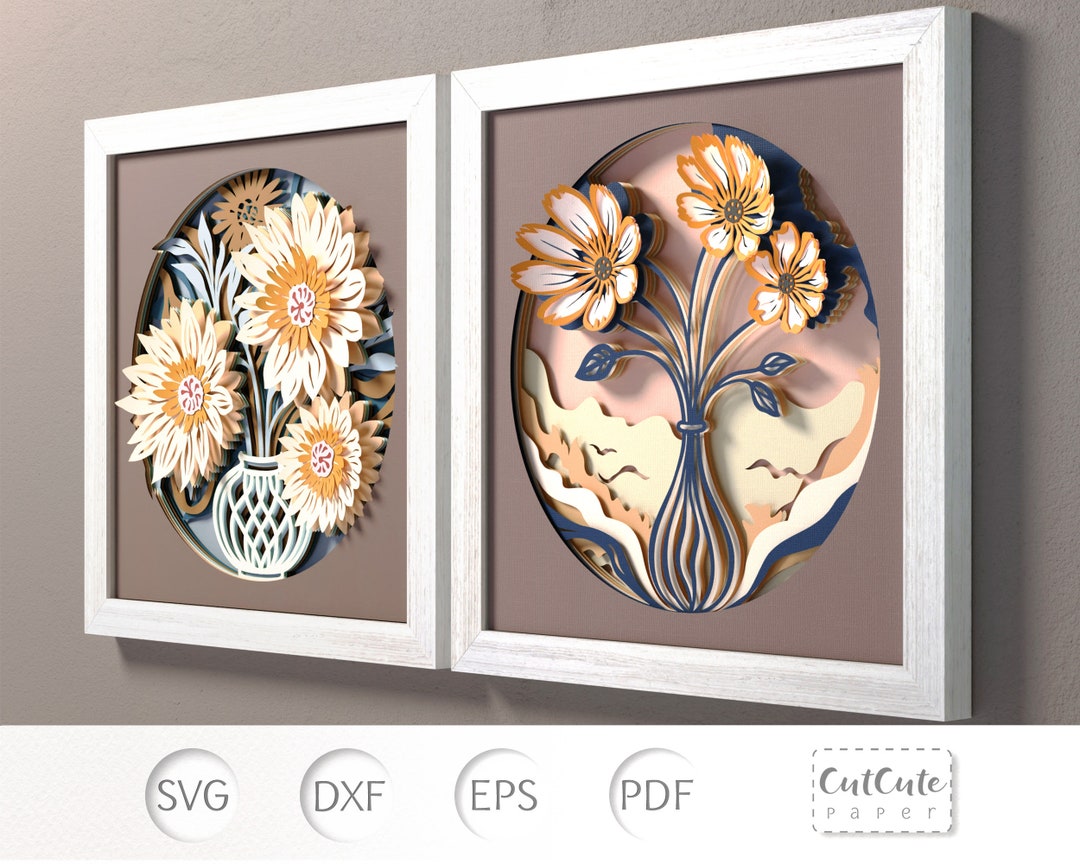 Flower Bouquet SVG Shadow Box, Templates Bundle, Flowers in Vase 3D SVG ...