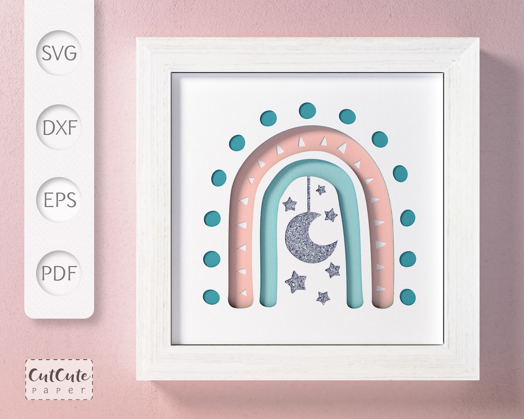 Rainbow & Moon Shadow Box SVG Template, 3D SVG Boho Rainbow Shadowbox ...