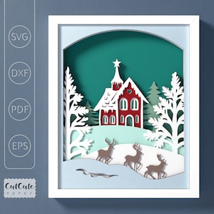 Christmas Village SVG Shadow Box Templates: Winter Houses, Reindeer ...