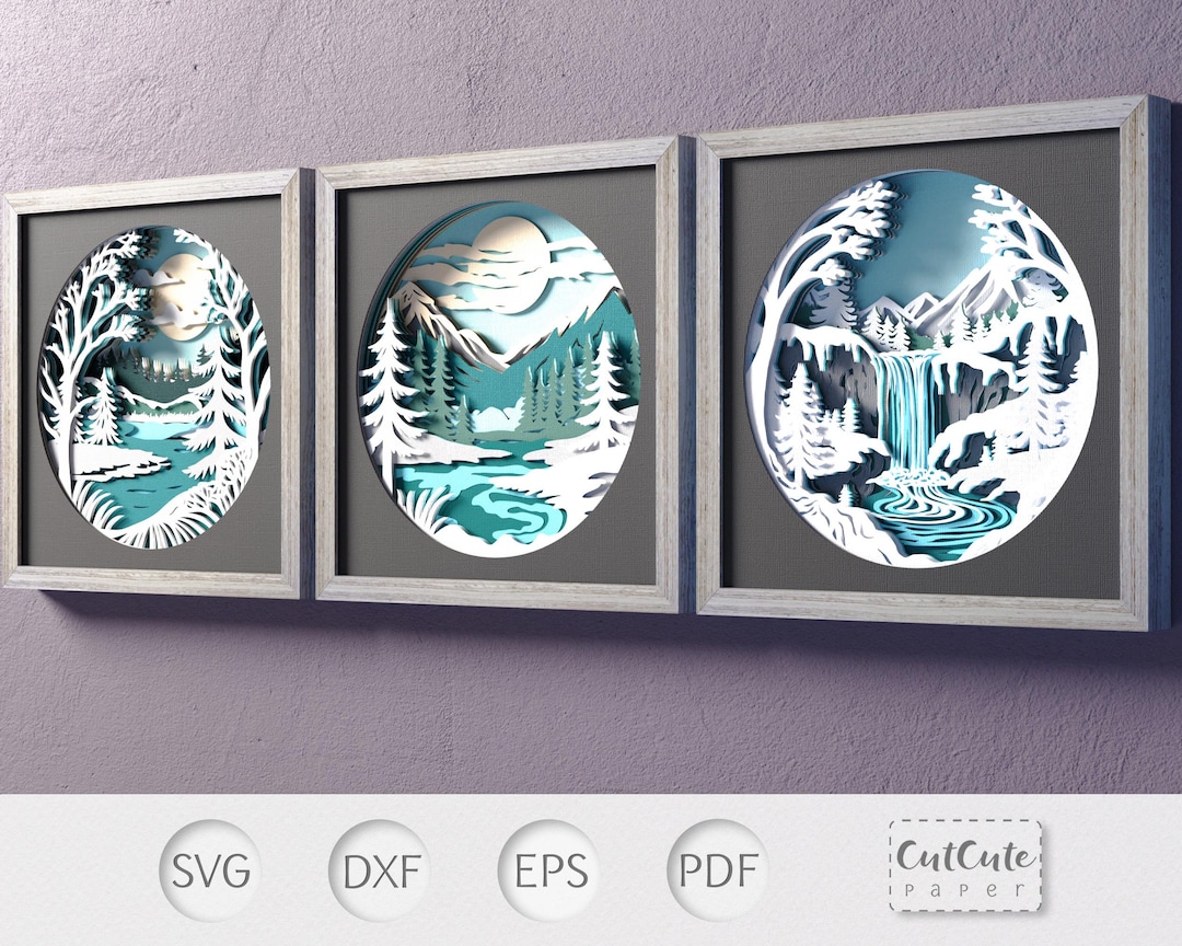 Winter Landscape Shadow Box SVG Bundle: Snowy Trees, Waterfall (3 ...